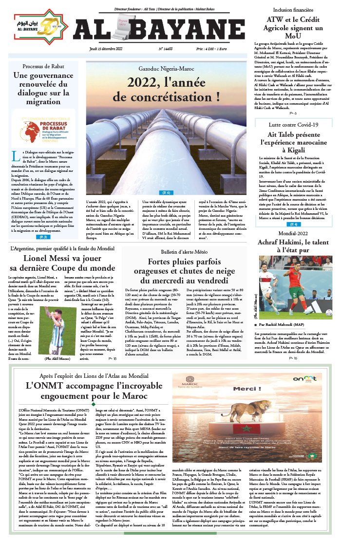 Al Bayane N°14403 du 15 décembre 2022 à télécharger sur iPad