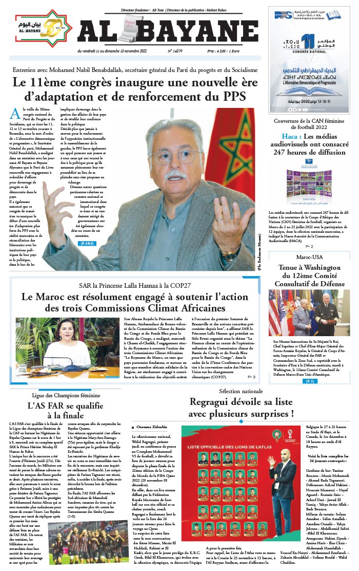 Al Bayane N°14379 du 11 novembre 2022 à télécharger sur iPad