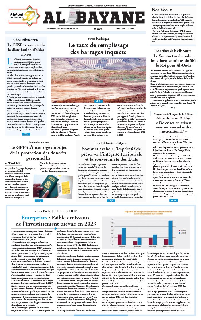 Al Bayane N°14375 du 04 novembre 2022 à télécharger sur iPad