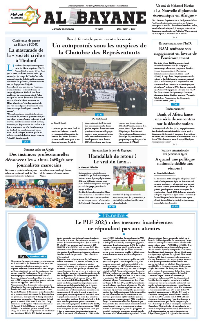Al Bayane N°14373 du 02 novembre 2022 à télécharger sur iPad