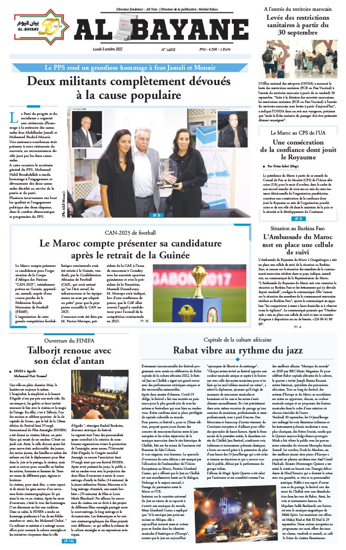 Al Bayane N°14353 du 03 octobre 2022 à télécharger sur iPad