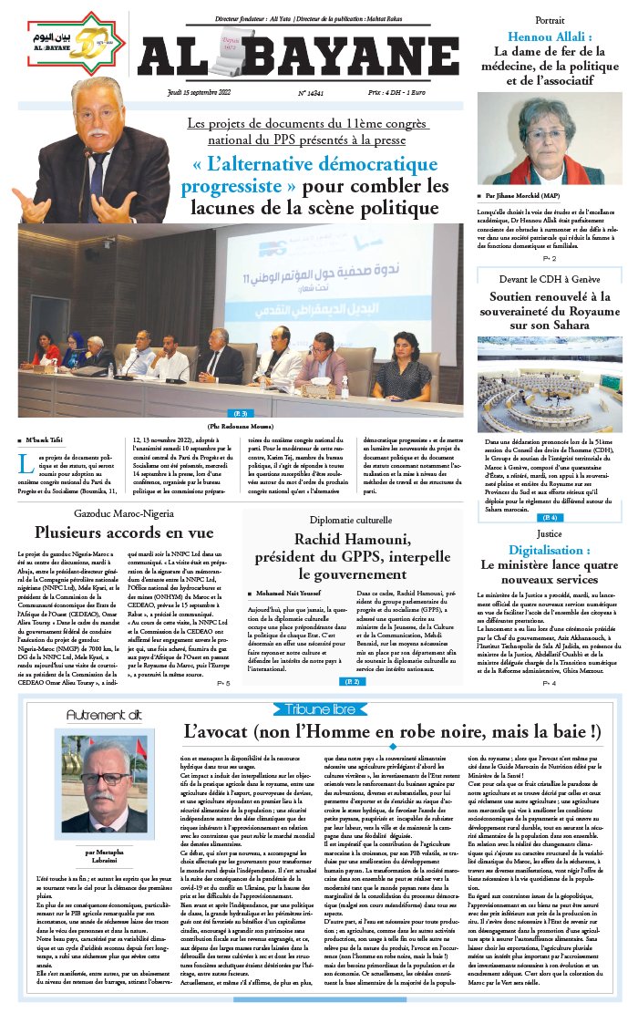 Al Bayane N°14341 du 15 septembre 2022 à télécharger sur iPad