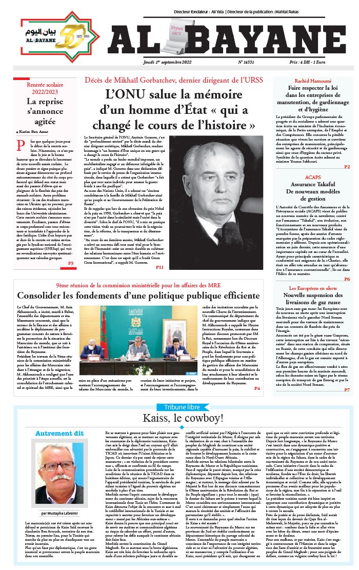 Al Bayane N°14331 du 01 septembre 2022 à télécharger sur iPad