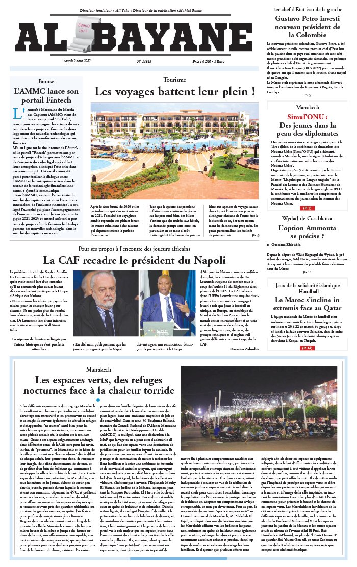 Al Bayane N°14315 du 09 août 2022 à télécharger sur iPad