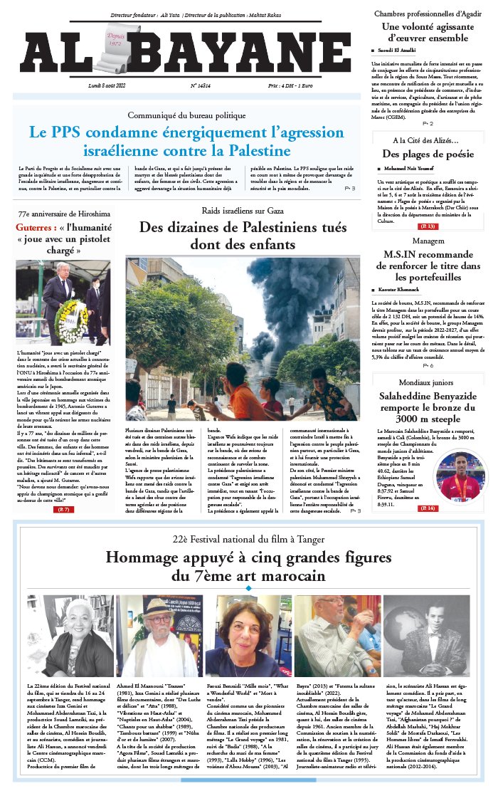 Al Bayane N°14314 du 08 août 2022 à télécharger sur iPad