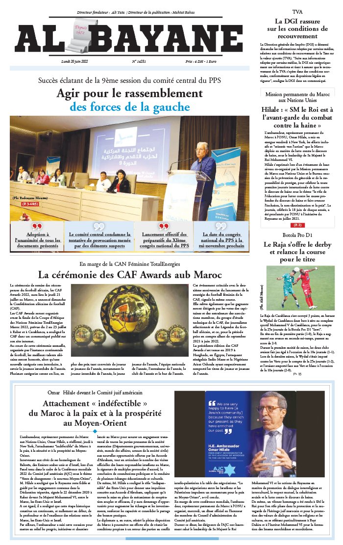 Al Bayane N°14281 du 20 juin 2022 à télécharger sur iPad