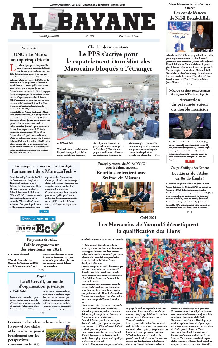 Al Bayane N°14173 du 17 janvier 2022 à télécharger sur iPad