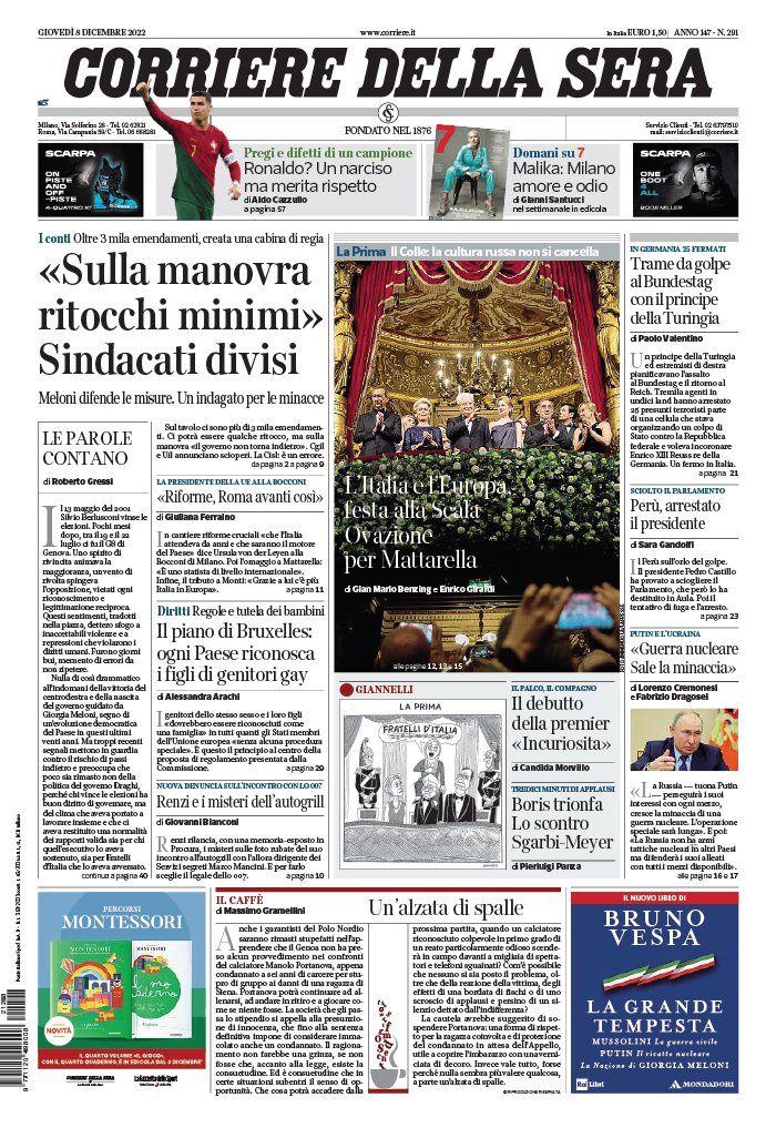 Corriere Della Sera N°20221208 du 08 décembre 2022 à télécharger sur iPad