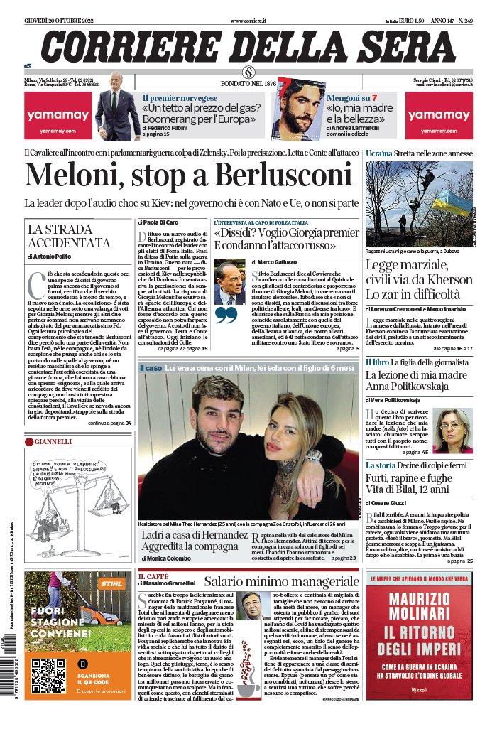 Corriere Della Sera N°20221020 du 20 octobre 2022 à télécharger sur iPad