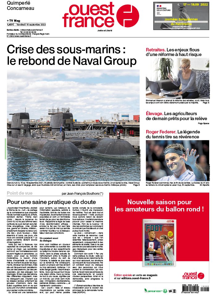 Ouest-France N°20220916 du 16 septembre 2022 à télécharger sur iPad